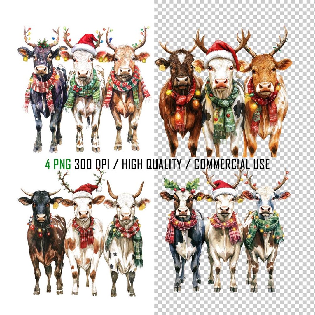 Watercolor Three Cows, Each Cow is Different Color or Breed. Dressed up ...