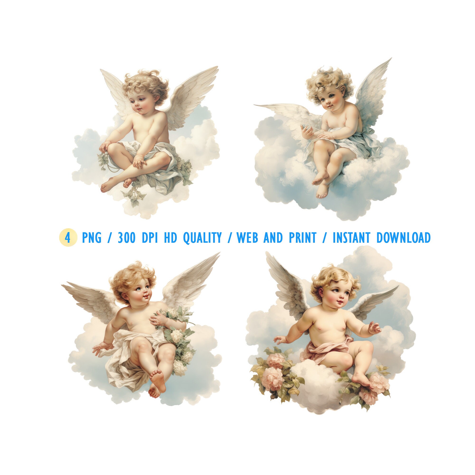 Vintage Cherub on Clouds Clip Art, Vintage Cherub Watercolor PNG ...
