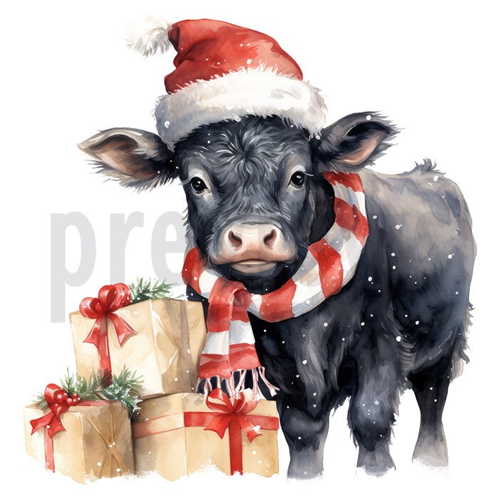 Watercolor Cute Christmas Black Angus Cow PNG, Sublimation Design ...
