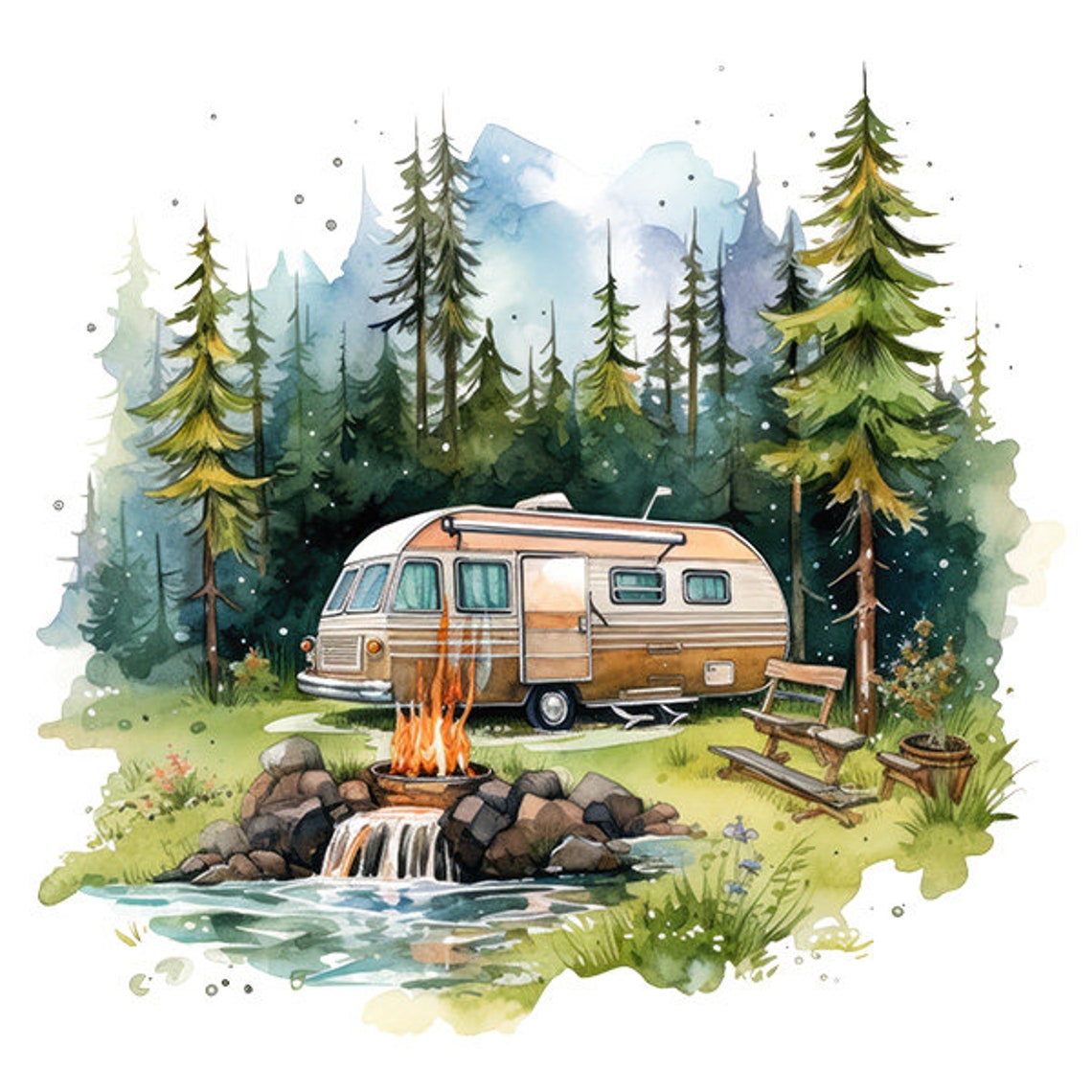 Cute Watercolor Vintage Camper Clip Art Woodland Background - Etsy
