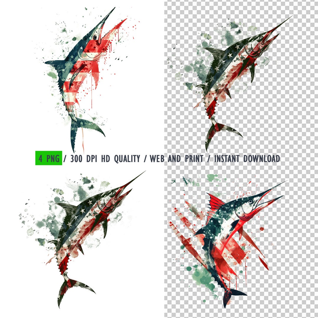 Silhouette Shape of Marlin Fish Watercolor, Marlin Fish American Flag ...