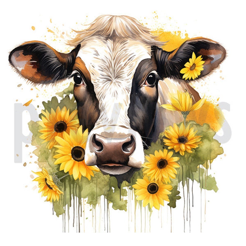 Watercolor Cow With Sunflowers, PNG, Sublimation Design, Cute Dairy Cow ...