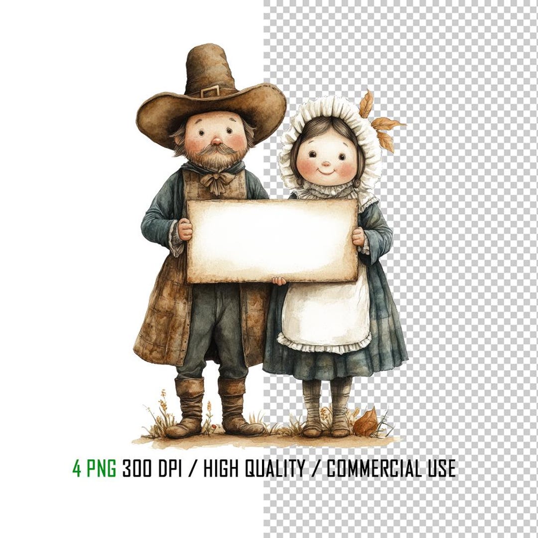 Cute and Adorable Whimsical Full Body Pilgrim Couple Holding a Very ...