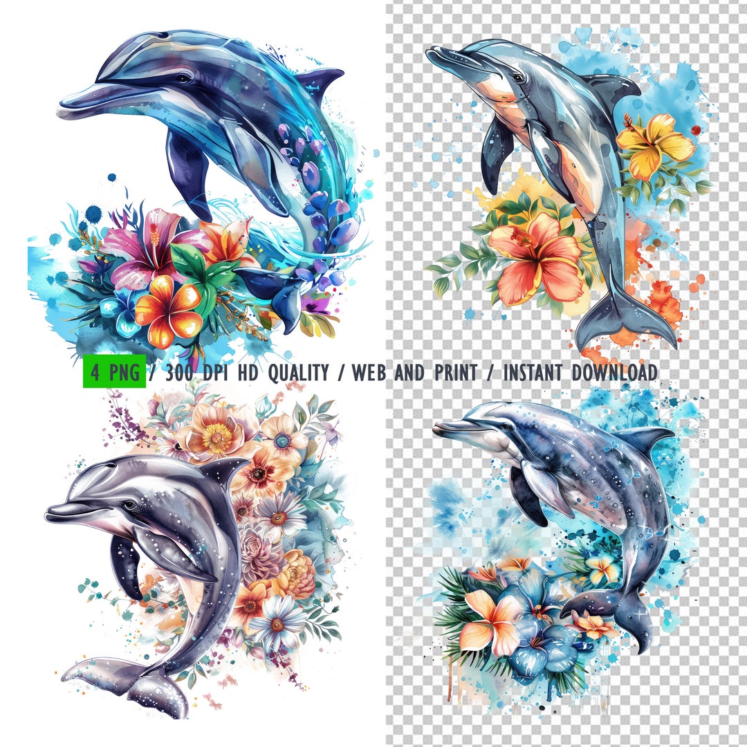 Dolphin With Flowers Png,watercolor Dolphin With Florals Clipart,ocean ...