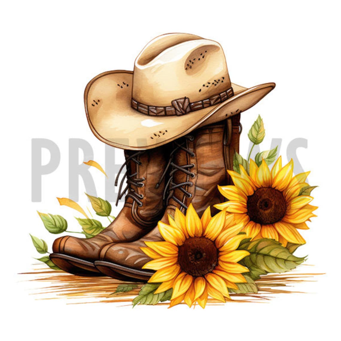 Cowboy Boots Watercolor Clipart PNG, Cowboy Hat Sunflowers Wild West ...