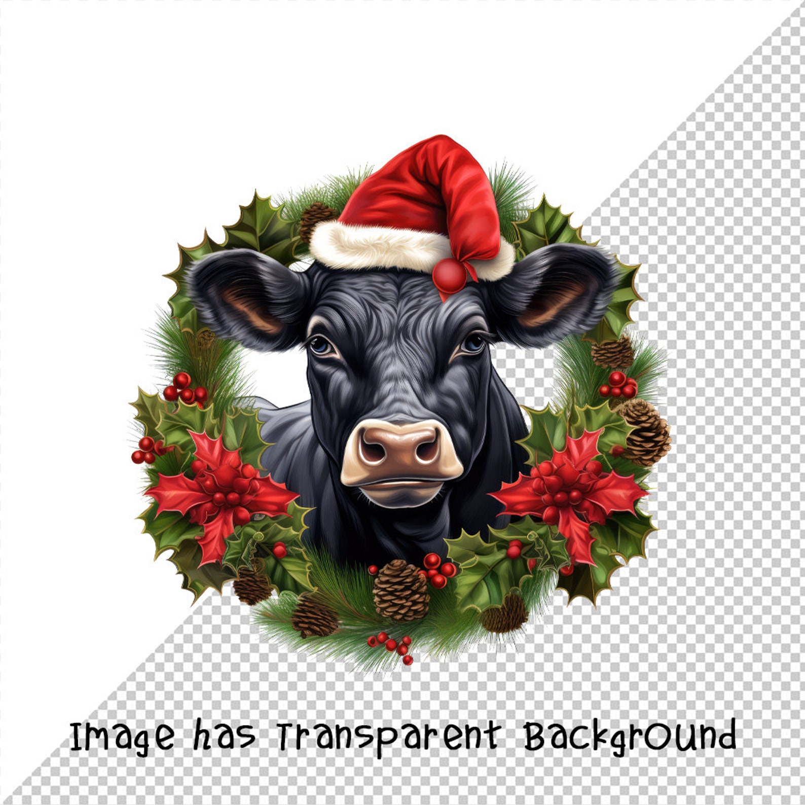 Black Angus Cow Wearing a Red Santa Hat PNG, Black Angus Cow Christmas ...