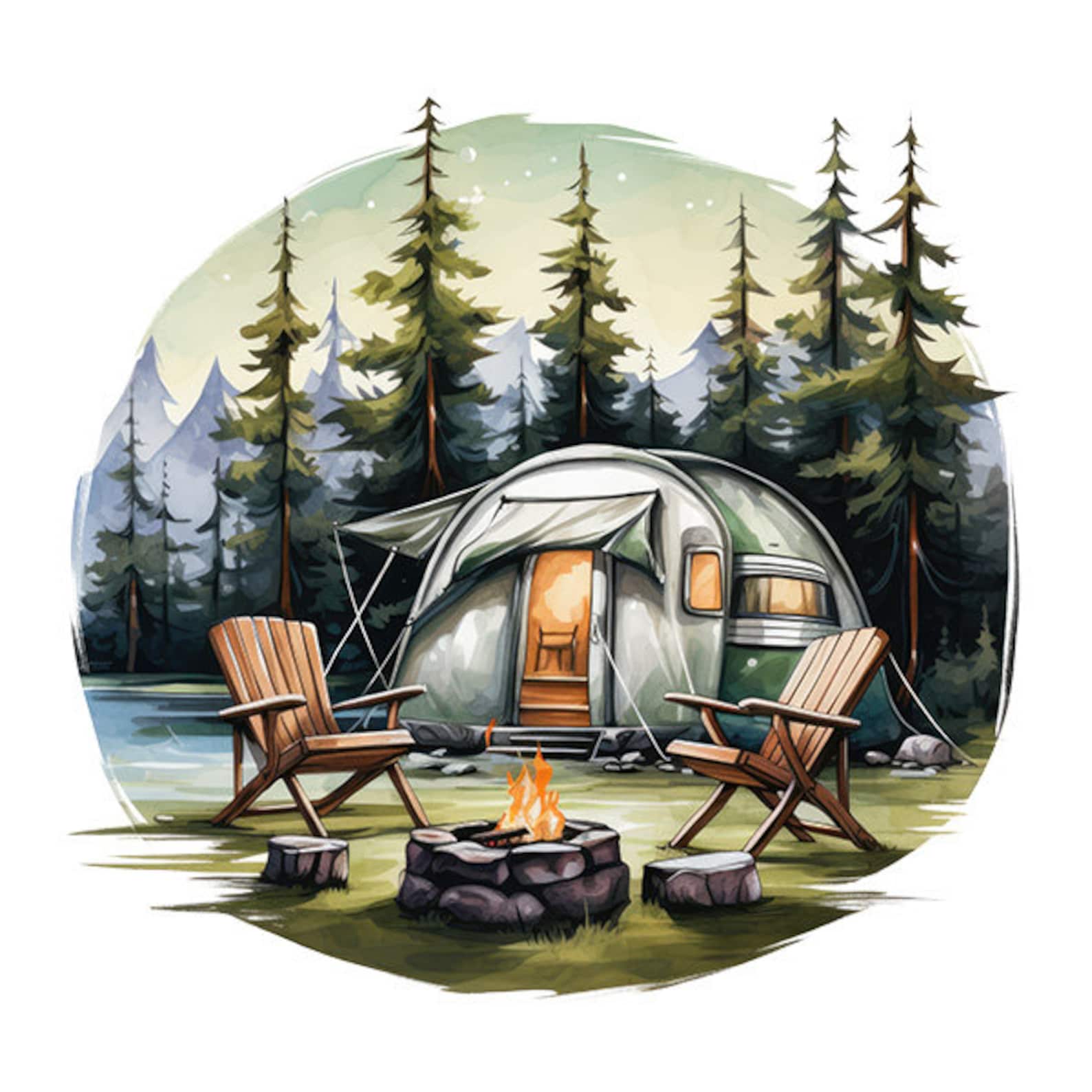 Cute Watercolor Vintage Camper Clip Art Woodland Background - Etsy