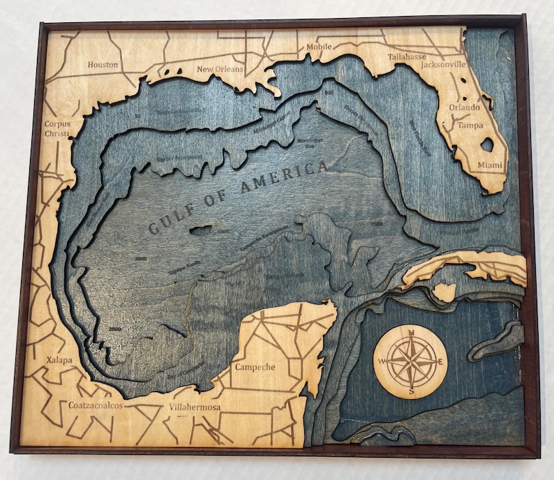 Gulf of America 3D Topographical Wood Map | Handcrafted Basswood Relief ...