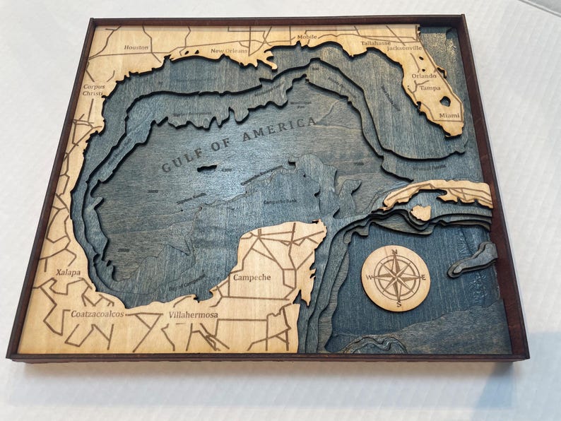 Gulf of America 3D Topographical Wood Map | Handcrafted Basswood Relief ...