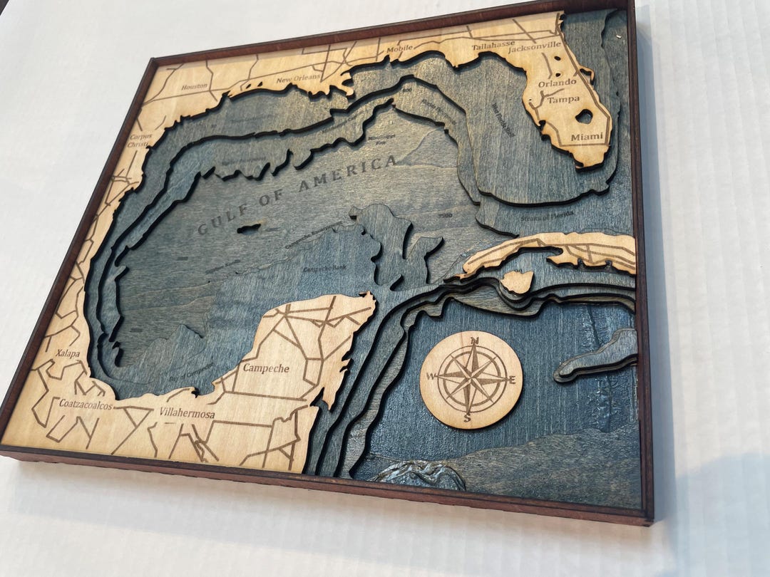 Gulf of America 3D Topographical Wood Map | Handcrafted Basswood Relief ...