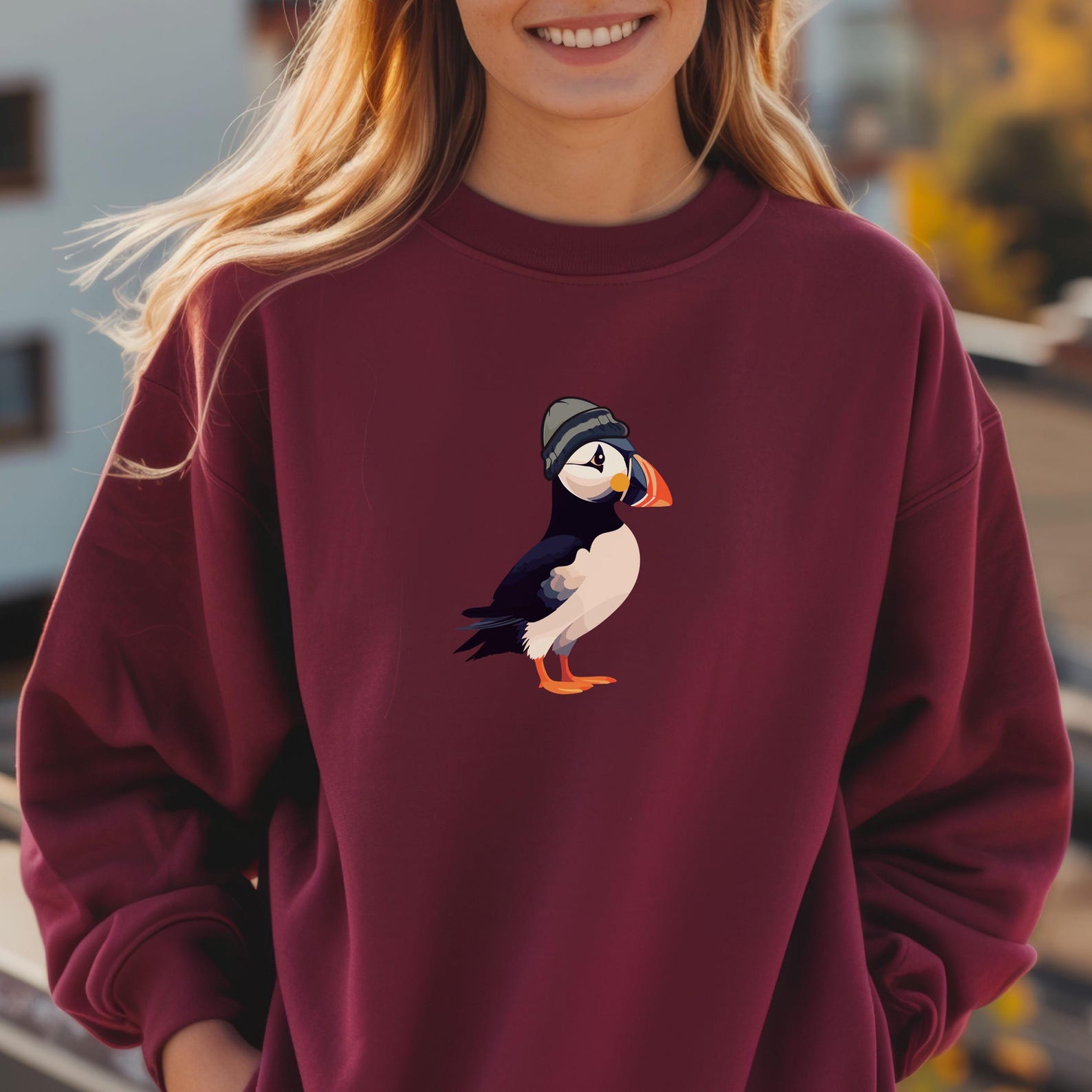 Puffin Crewneck Sweatshirt Cool Hip Puffin in Hat Sweatshirt Atlantic ...