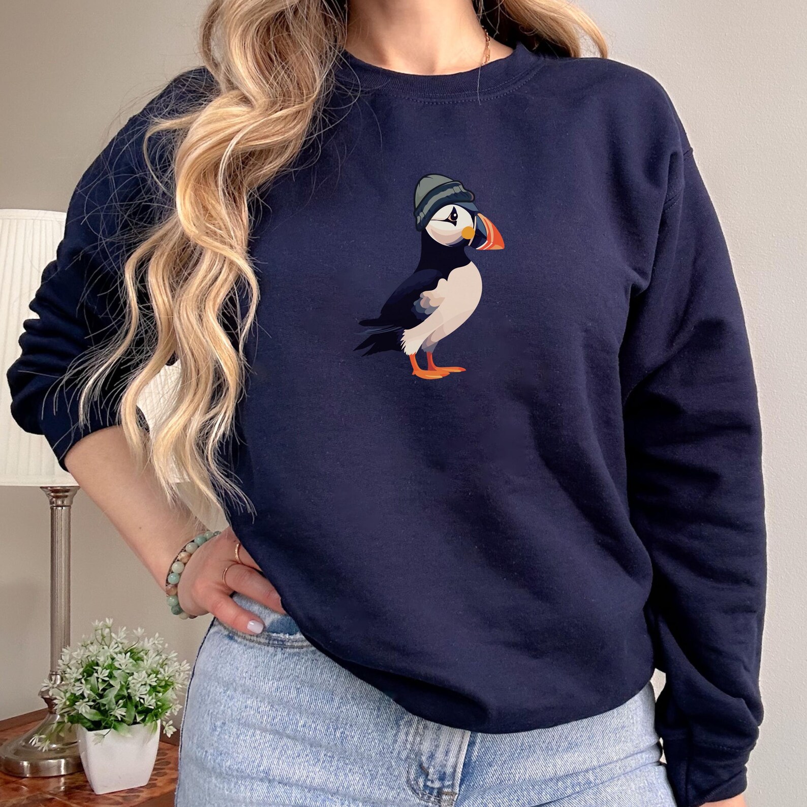 Puffin Crewneck Sweatshirt Cool Hip Puffin in Hat Sweatshirt Atlantic ...