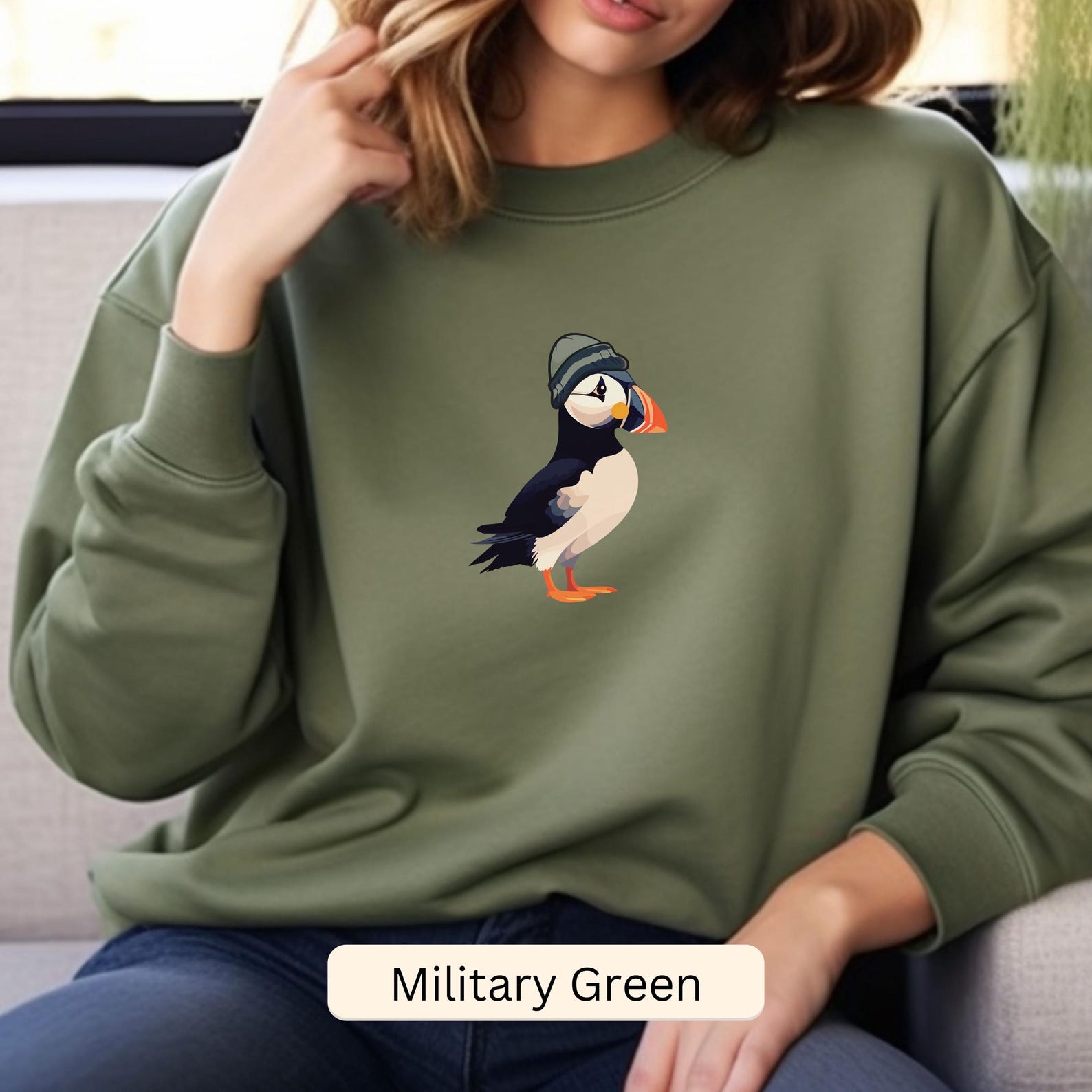 Puffin Crewneck Sweatshirt Cool Hip Puffin in Hat Sweatshirt Atlantic ...