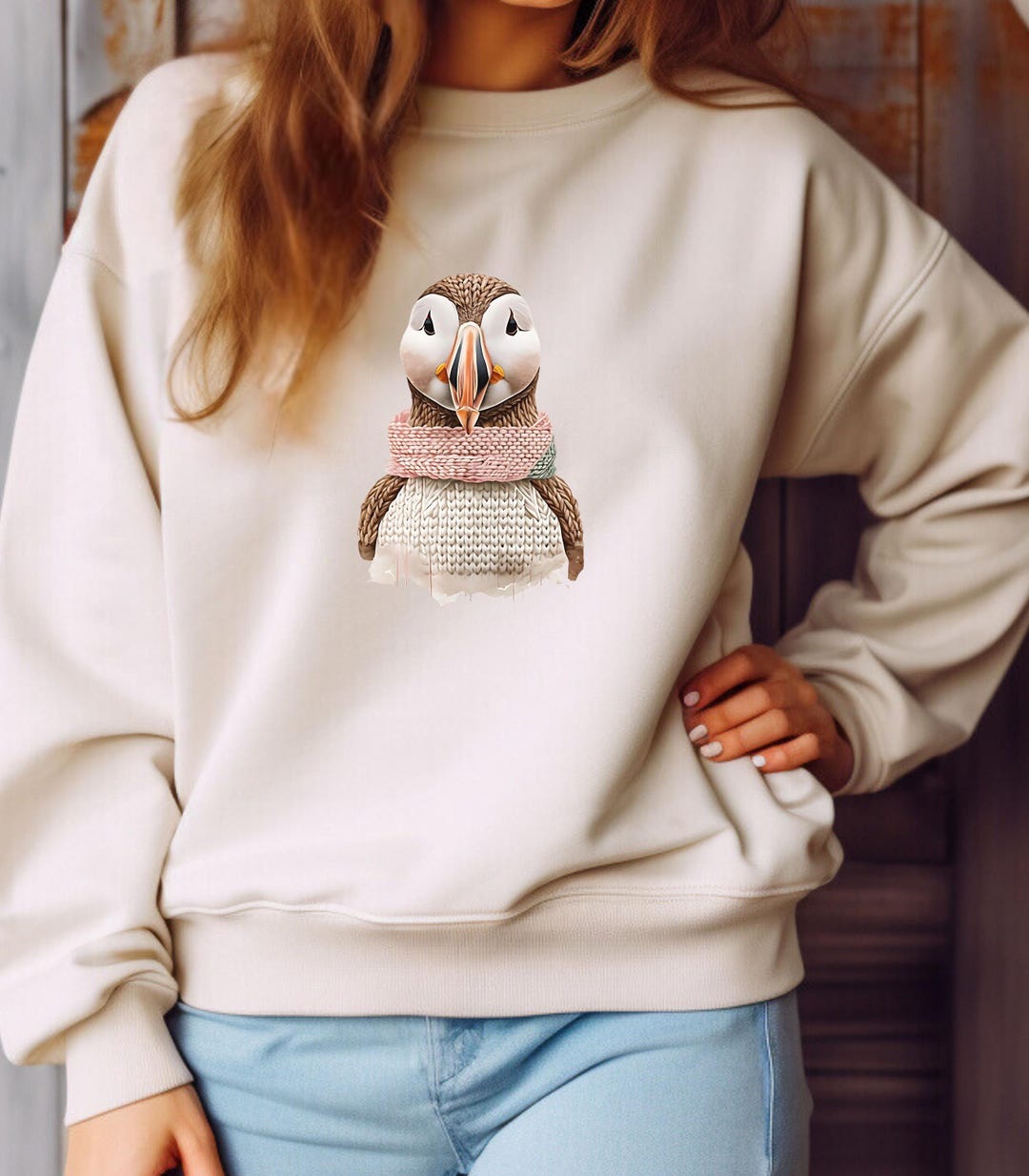Cozy Knit Style Puffin Sweatshirt Knitted Puffin With Scarf Sweatshirt ...