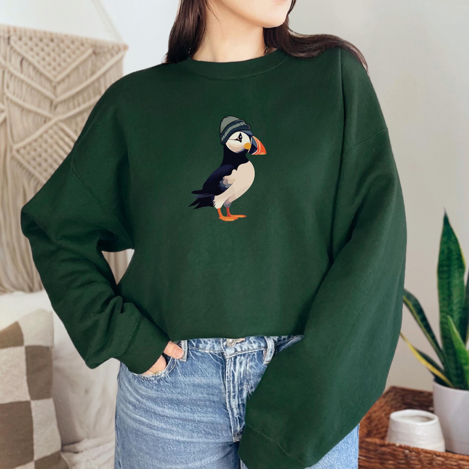 Puffin Crewneck Sweatshirt Cool Hip Puffin in Hat Sweatshirt Atlantic ...