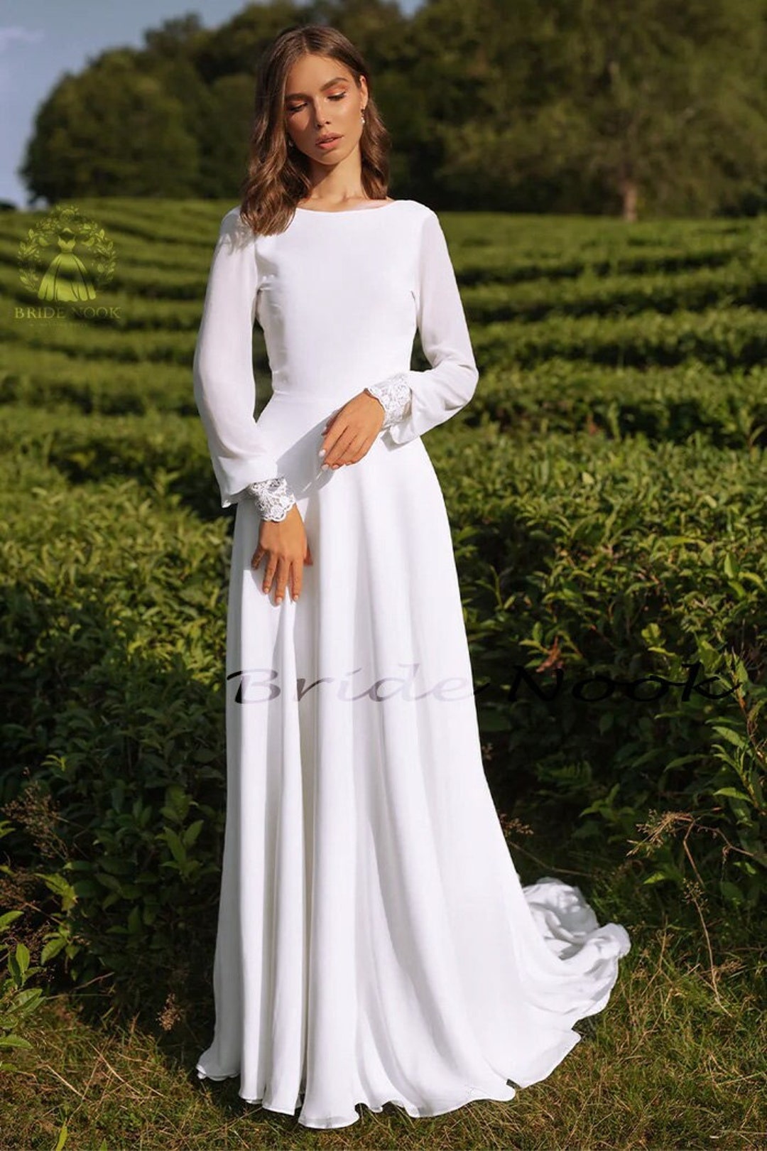 Long Sleeve Wedding Dress With Boat Neckline, Modest A-line Ceremony ...