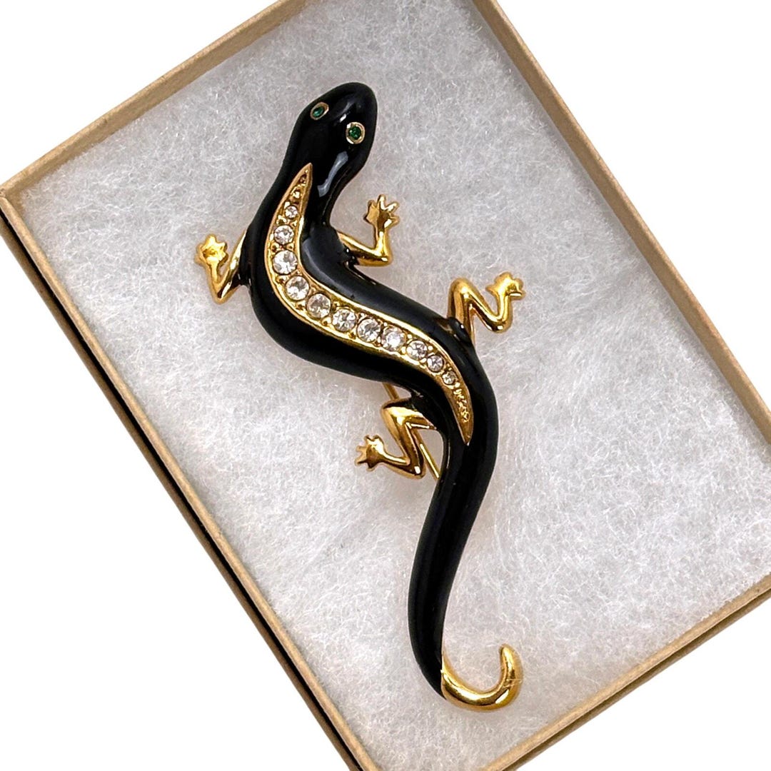 Vintage Avon Acrylic Salamander, Lizard Pin Black, Green Stone Eyes ...