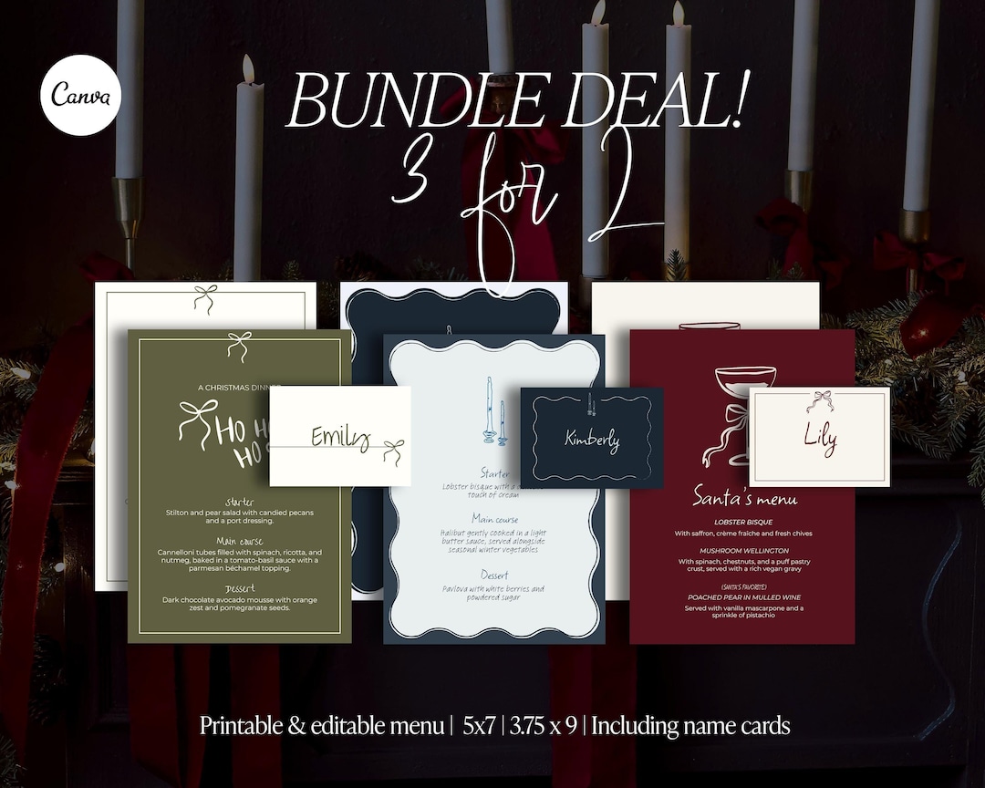 Bundle Menu, Template, Printable, Editable, Dinner, Christmas Dinner ...