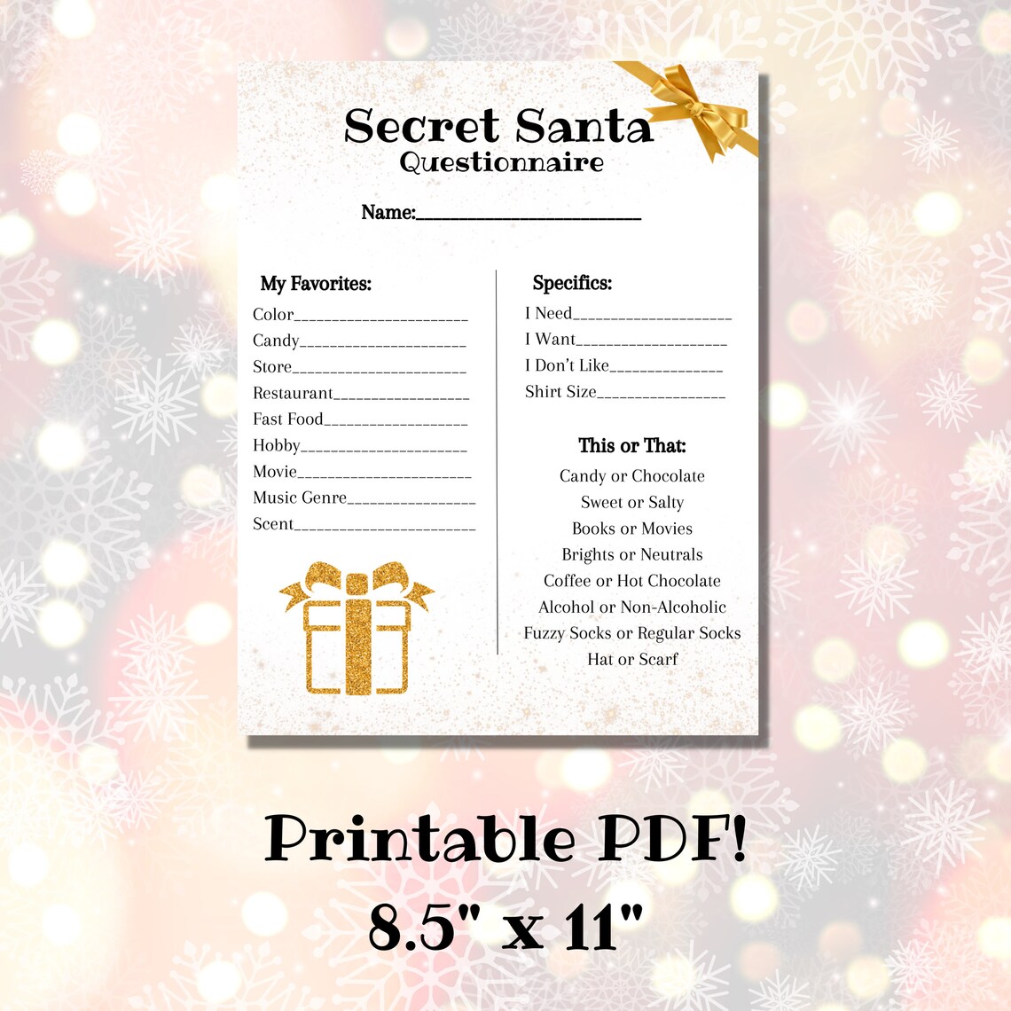 Secret Santa Questionnaire, Gift Exchange Survey, Secret Santa ...
