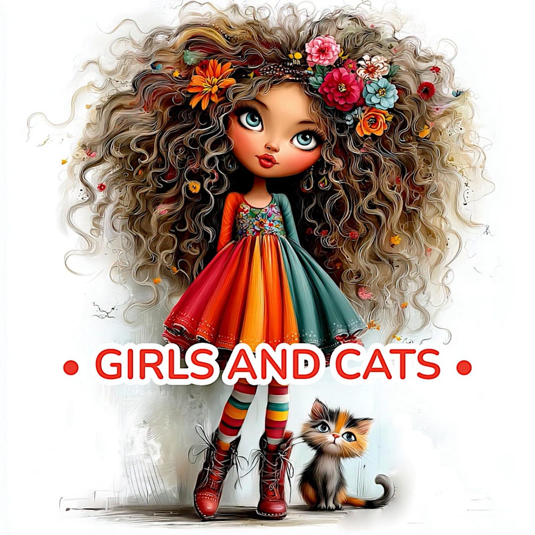 Whimsical Girls & Cats Clipart | Watercolor Style Images - 15 JPG Files ...
