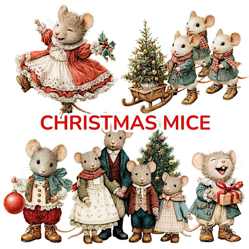 Vintage Christmas Mouse Clipart: Victorian Mice Family 28 PNG Files ...