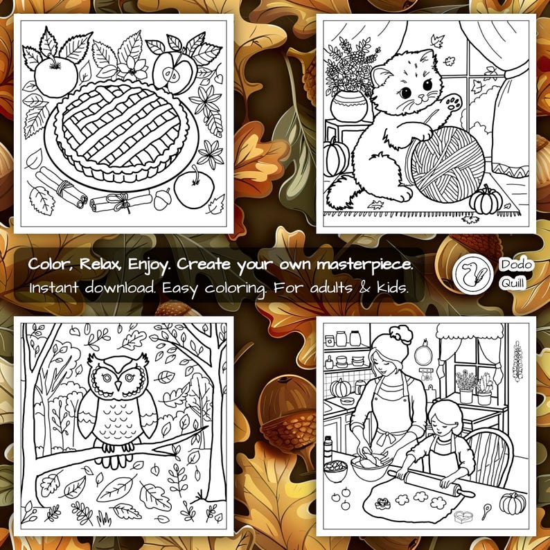 Cozy Autumn Printable Coloring Pages for Kids and Adults Easy and Bold ...