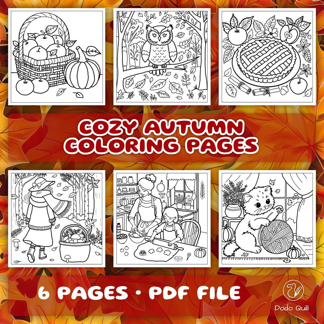 Cozy Autumn Printable Coloring Pages for Kids and Adults Easy and Bold ...