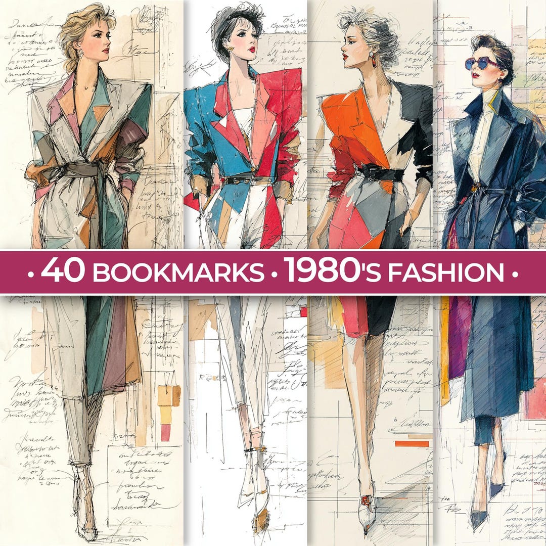 1980s Fashion Bookmarks Printable, Mod 80s Power Dressing Sketches ...