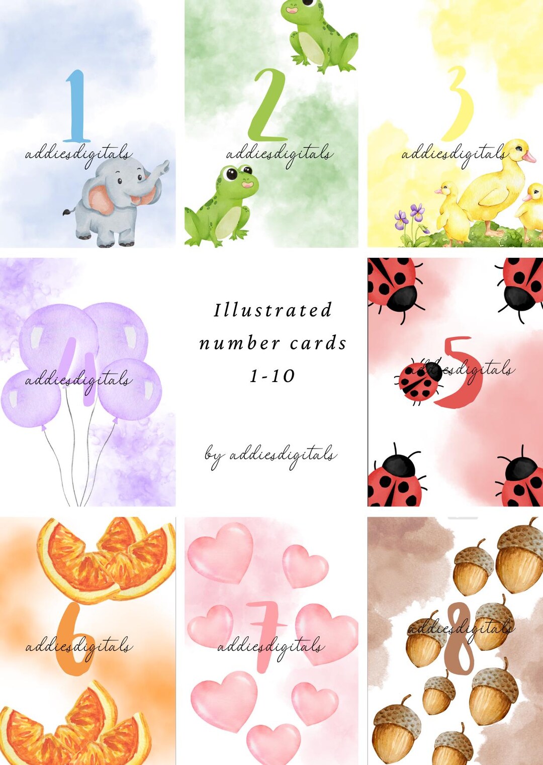 1-10 Number Cards, Digital Download, Printable, Illustrated Number ...