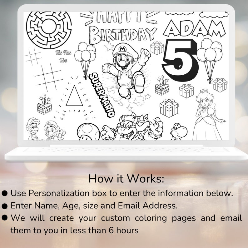 Super Mario Birthday Coloring Page Personalized Gift Party Favors With ...
