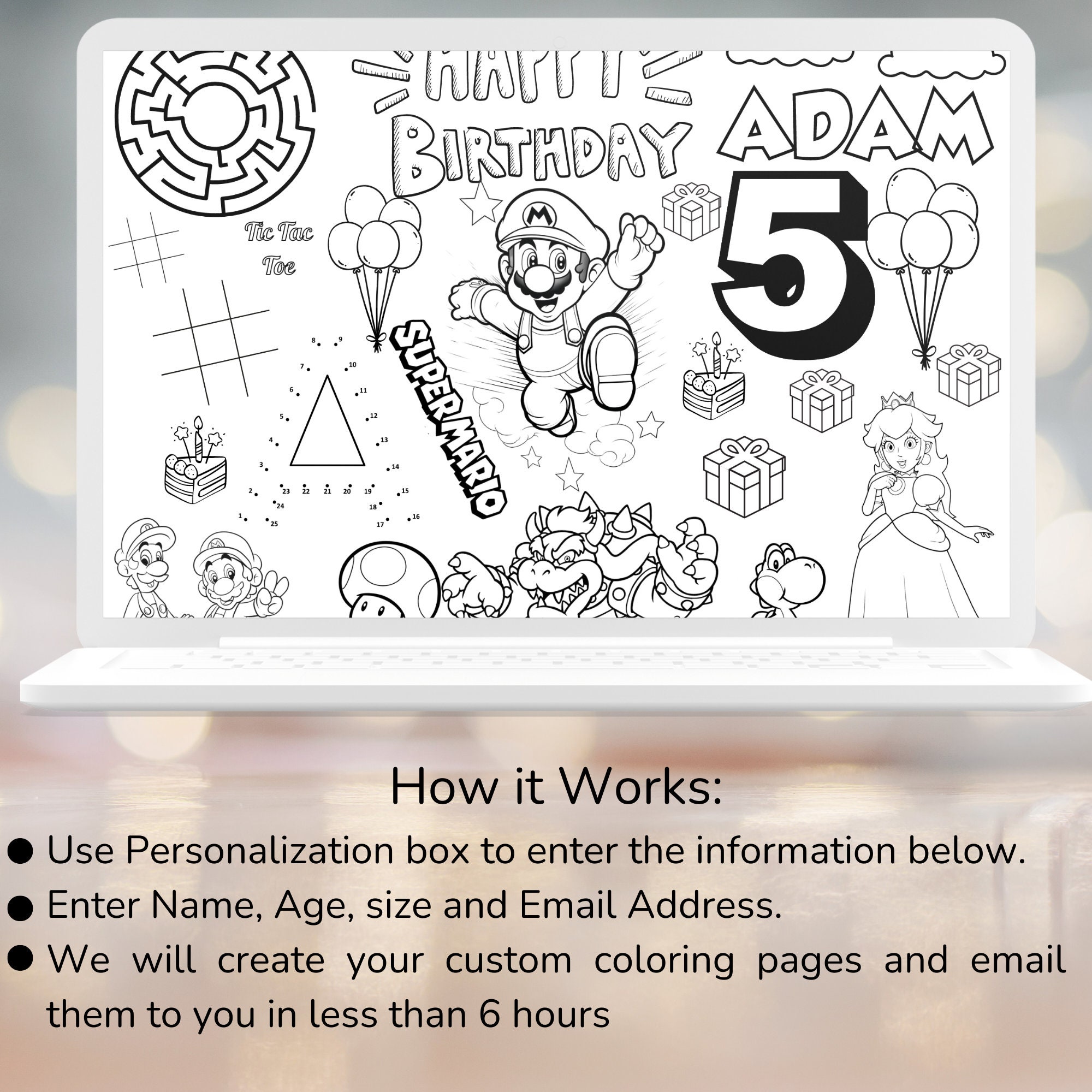 Super Mario Birthday Coloring Page Personalized Gift Party Favors With ...