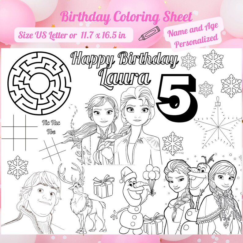 Personalized Frozen Elsa Birthday Coloring Activity Sheet Placemat ...