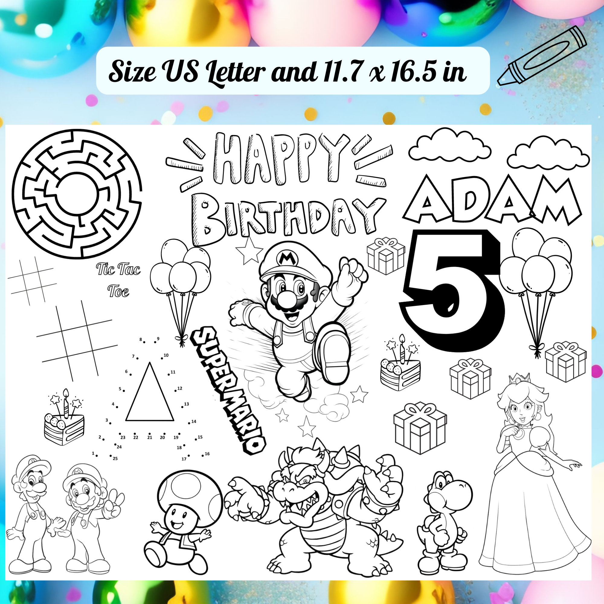 Super Mario Birthday Coloring Page Personalized Gift Party Favors With ...