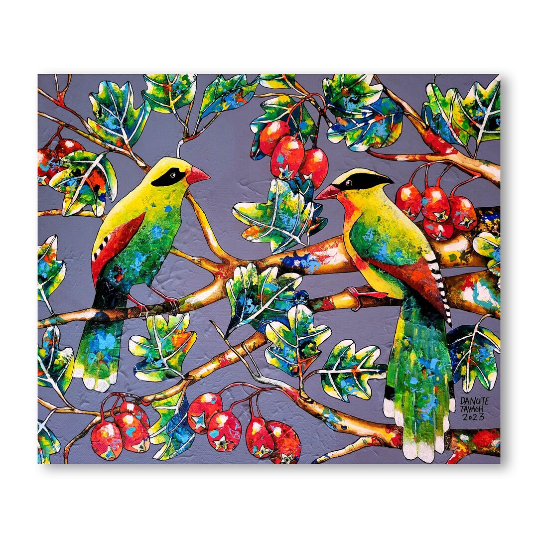 Original Acrylic Painting of Green Magpies or Abundance. Contemporary ...