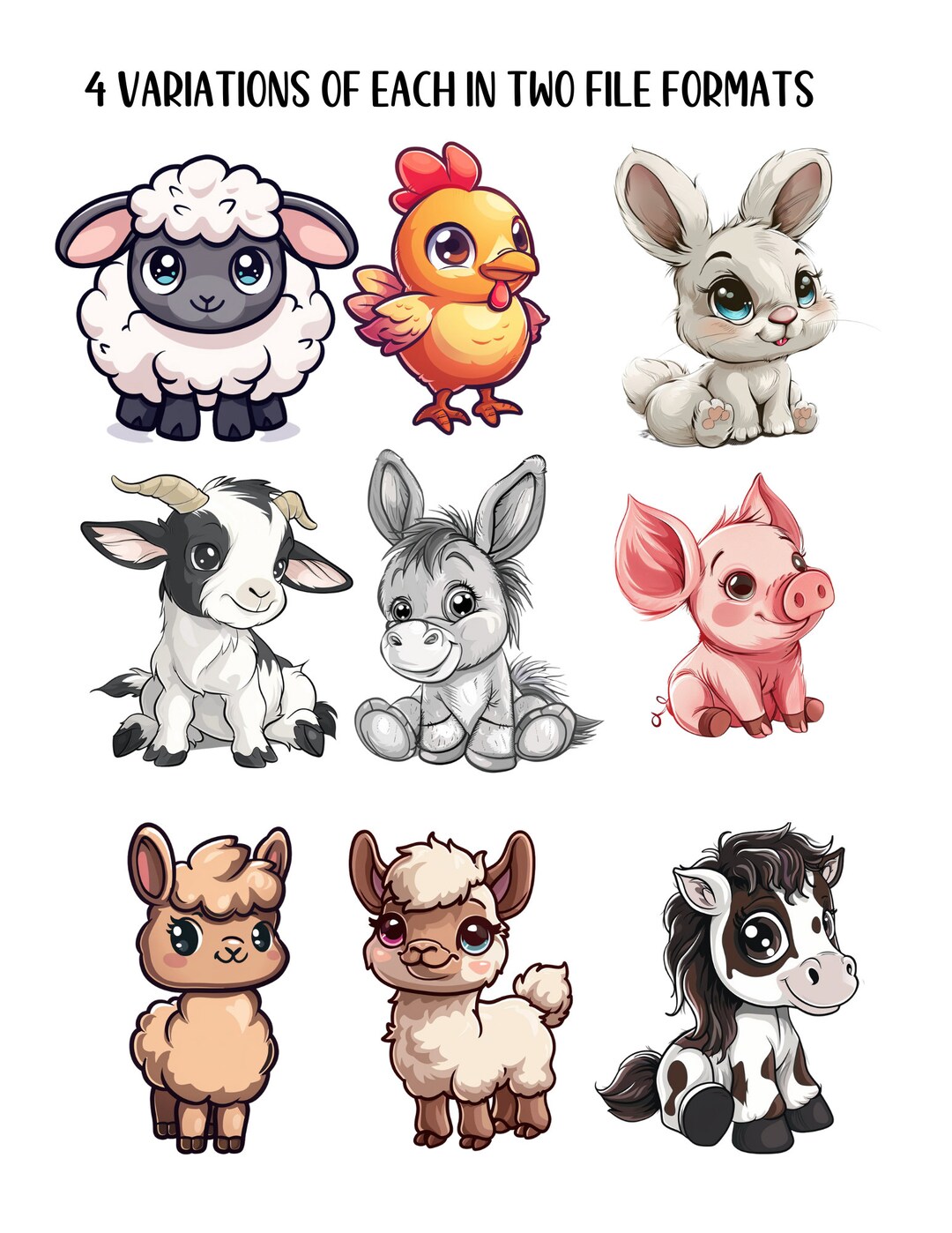 Farm Animal Clipart Bundle: Instant Download, Cute Horse Cow Goat Pig ...