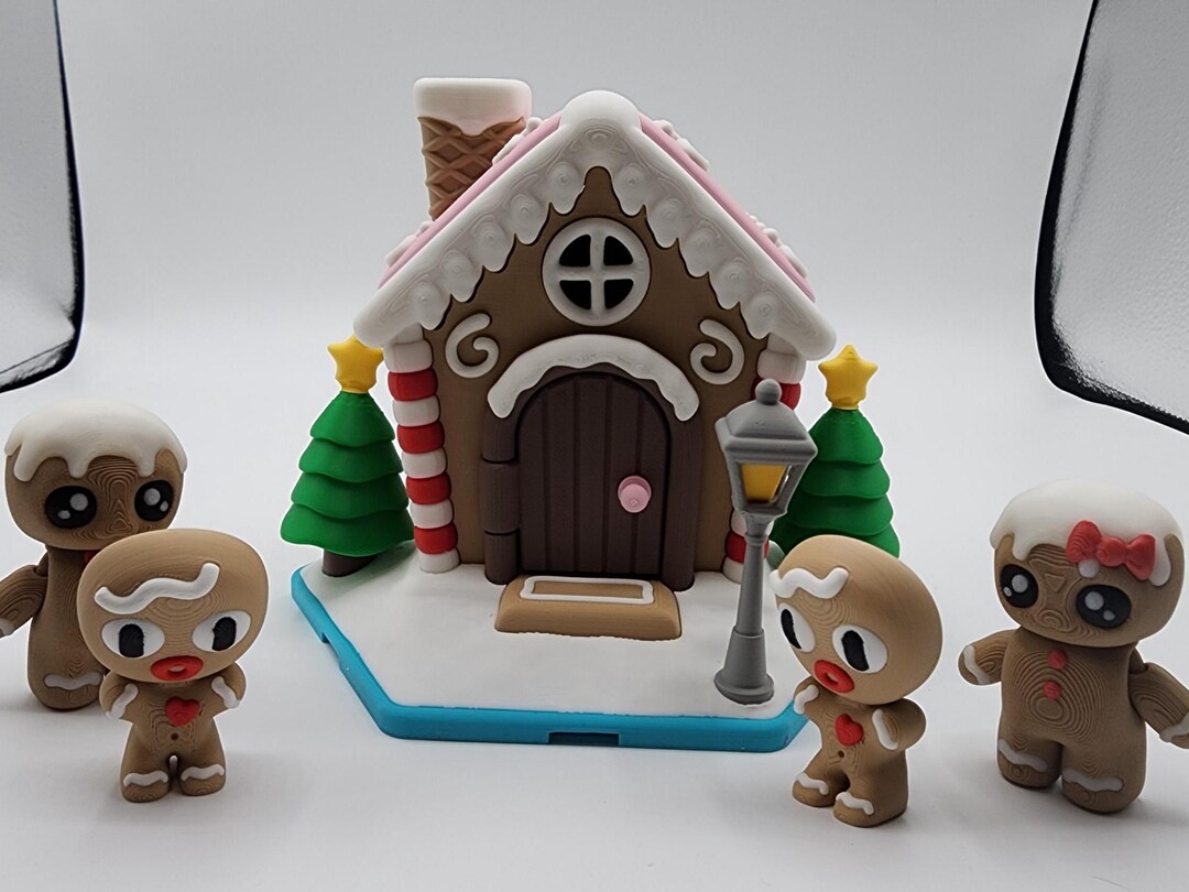 3D Printed Gingerbread House With Festive Figurines for Christmas Decor ...