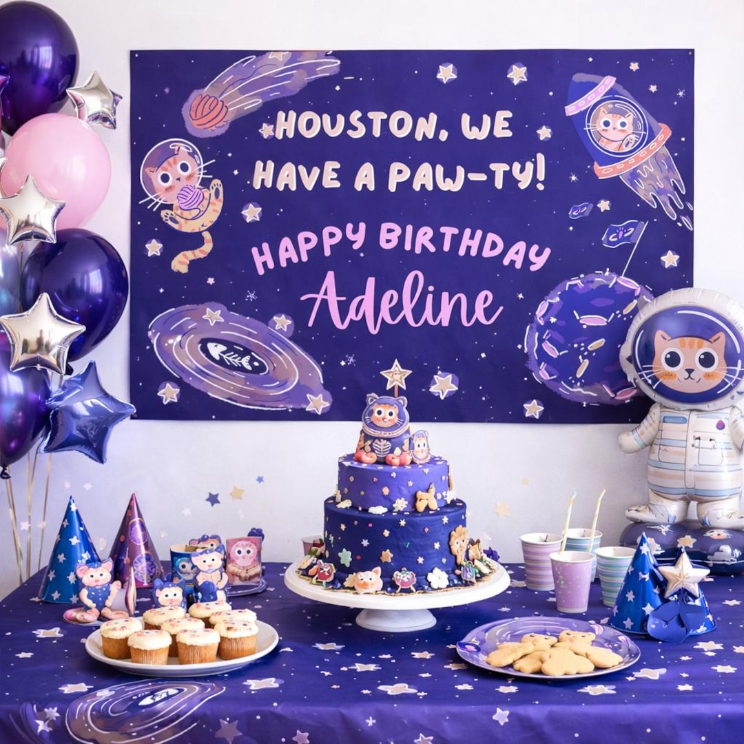 Cats in Space Birthday Poster, Cat Astronaut Theme Party Decor - Etsy