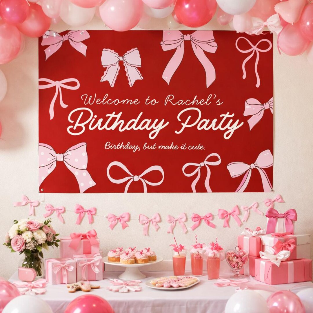 Personalized Pink Bow Birthday Party Poster, Custom Name Decor - Etsy