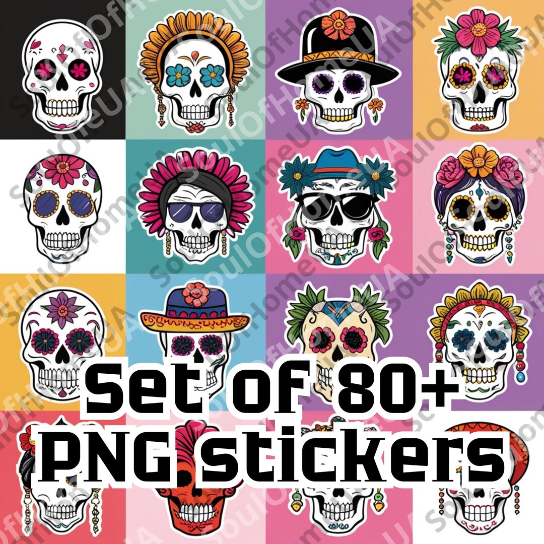 Set of 80+ Santa Muerte Skulls Stickers PNG Custom Sublimation Design ...