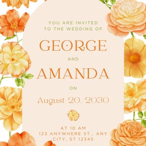 Orange Floral Wedding Invitation Template Download - Etsy