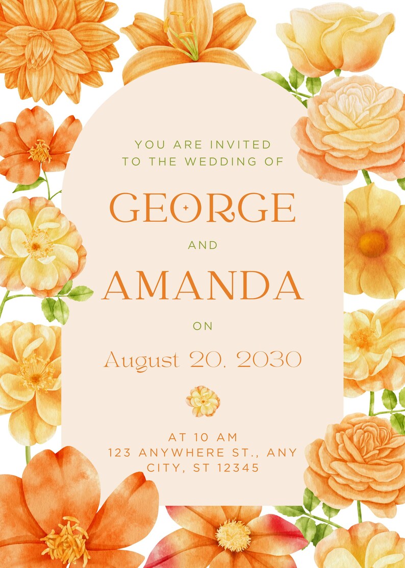 Orange Floral Wedding Invitation Template Download - Etsy