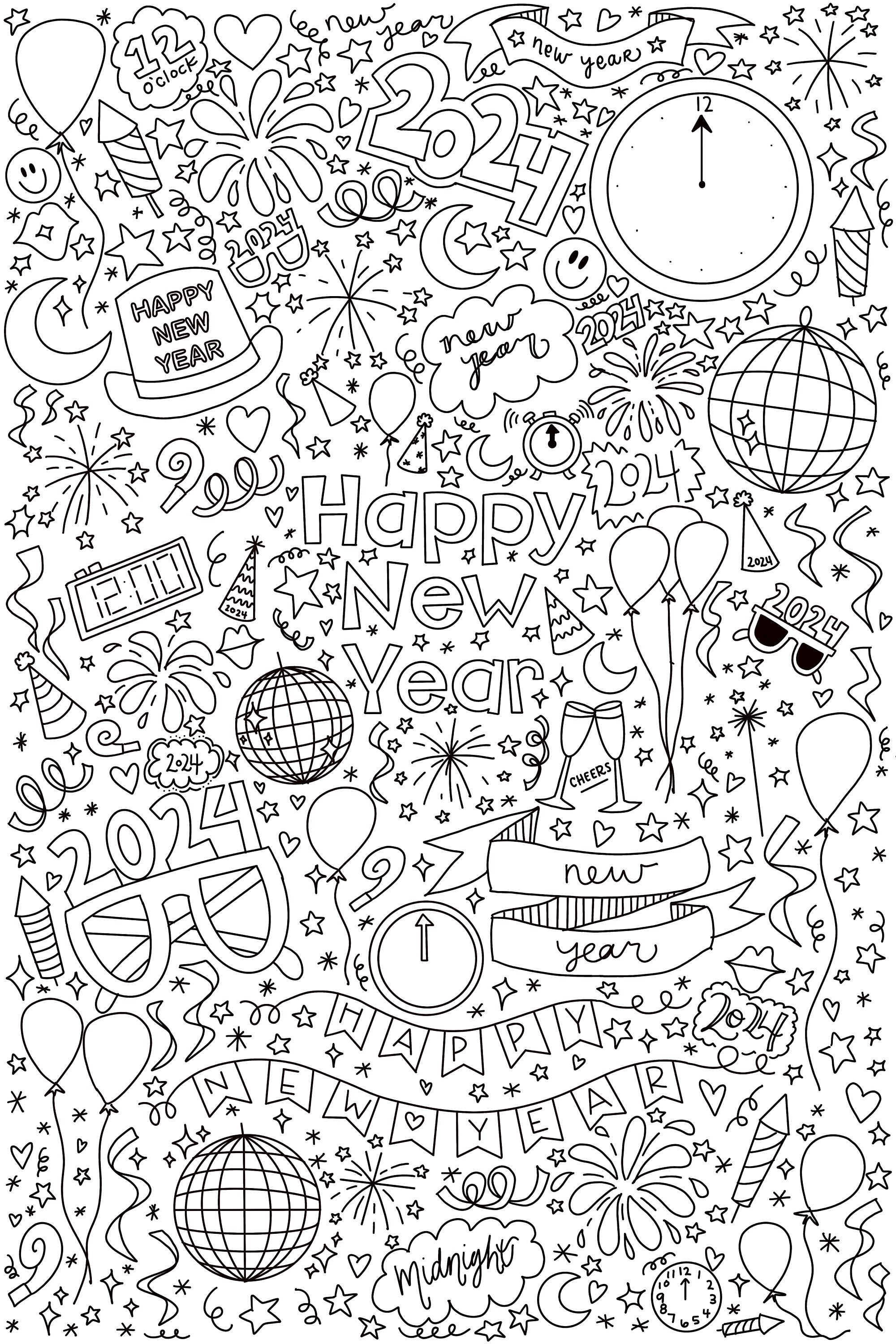 New Years Large Coloring Sheet Download - Etsy