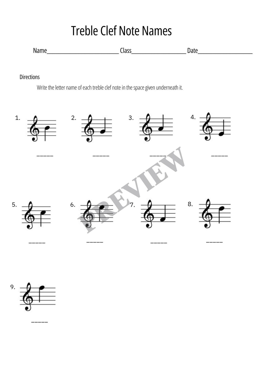 Treble Clef Note Name Practice, Treble Clef Worksheet - Etsy