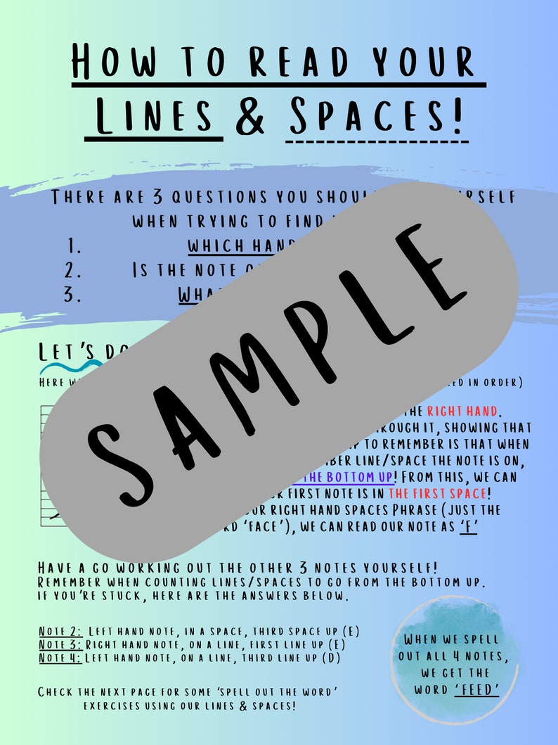 Lines & Spaces Piano Pack digital Pack of 3: Poster, Guide, Worksheet ...