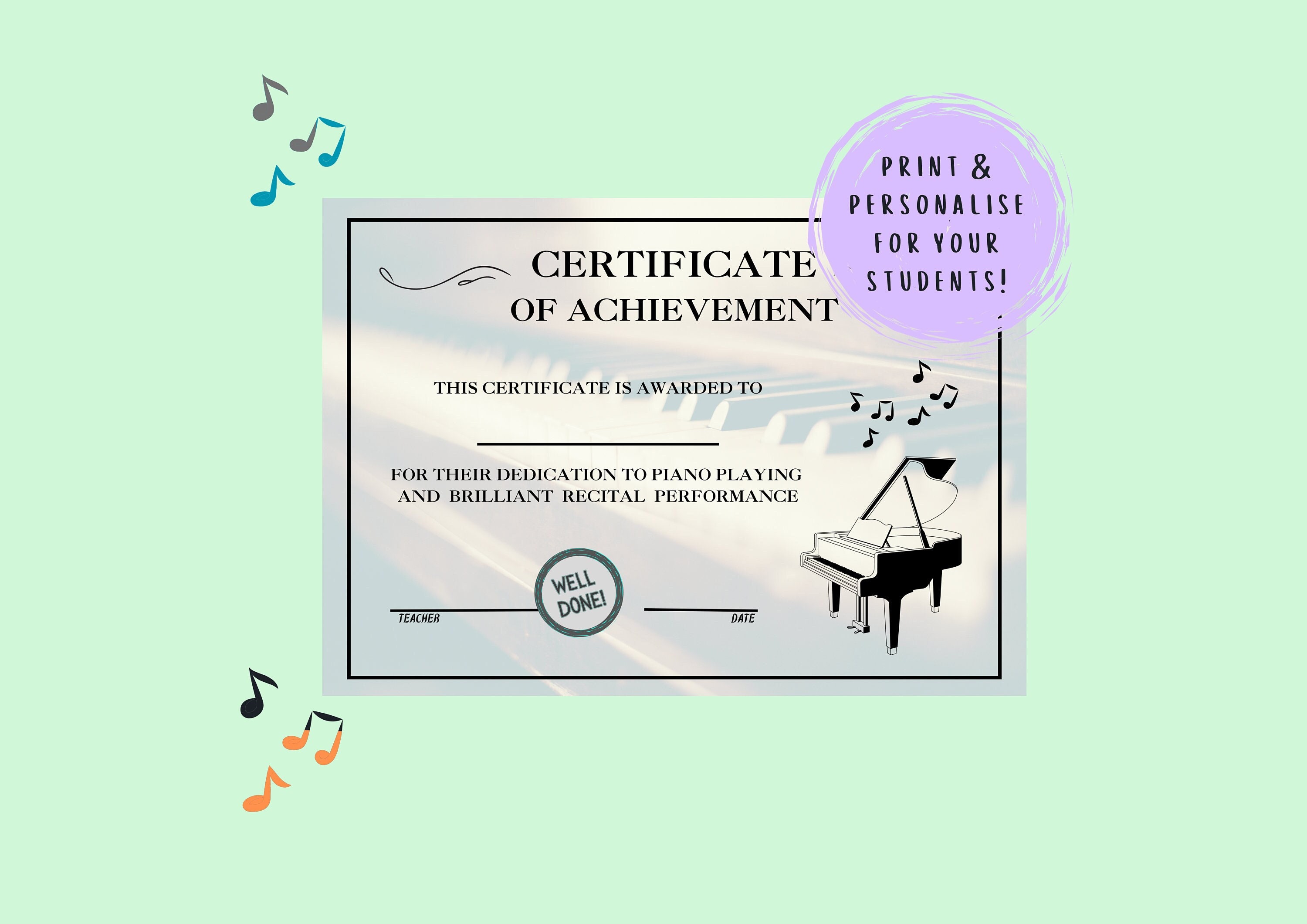Music Certificate of Achievement for Piano Recital Piano - Etsy