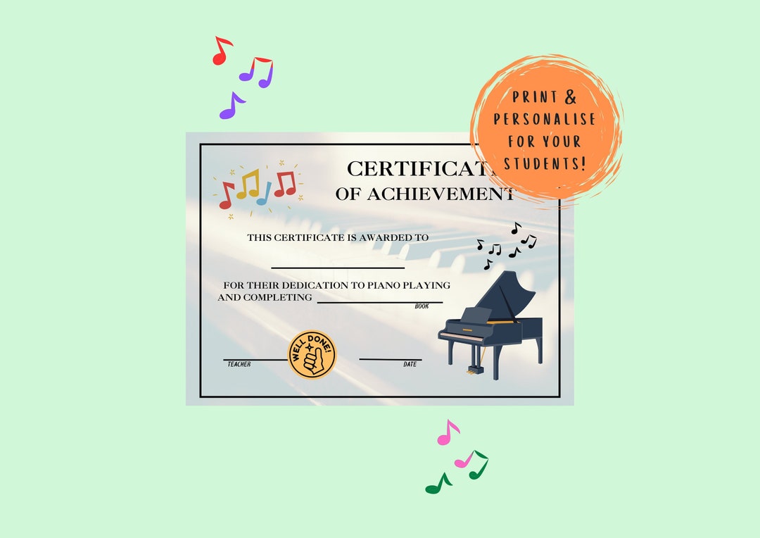 Music Certificate of Achievement for Piano - Piano Student - Piano ...