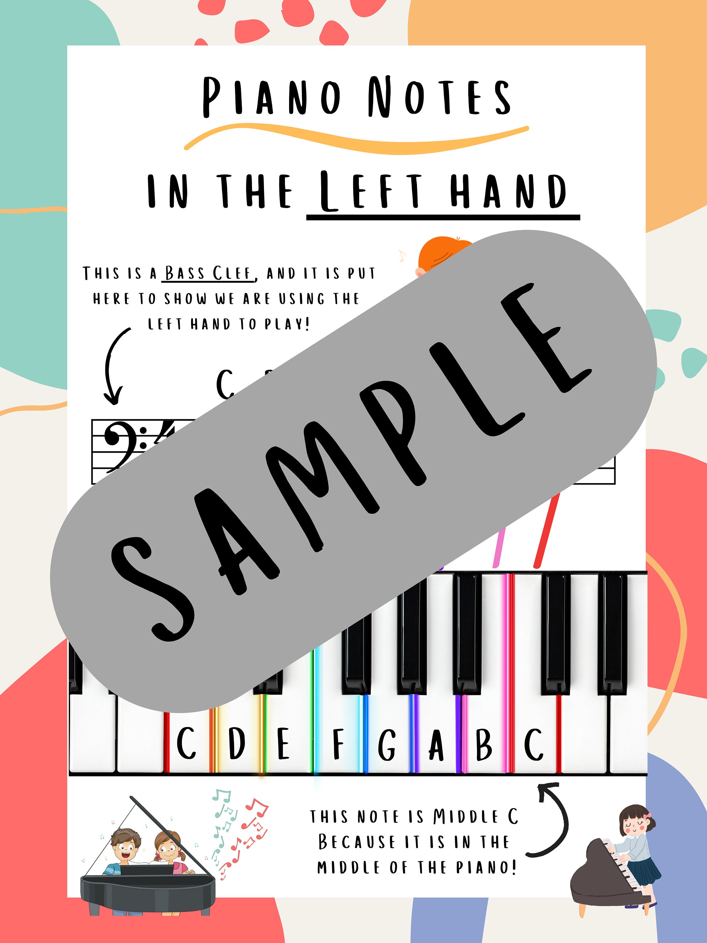 Piano Notes in the Left Hand Poster - Piano - Bass Clef - Music ...