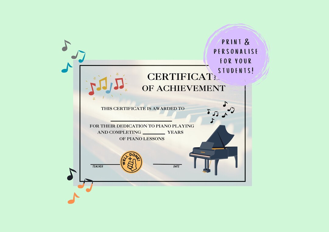 Music Certificate of Achievement for Piano - Piano Student - Piano ...