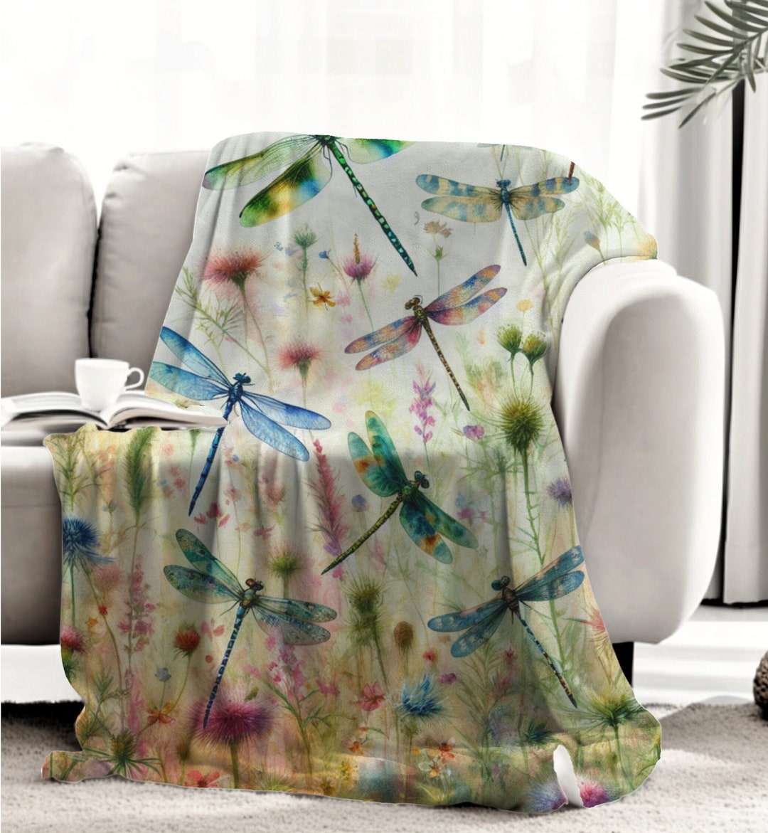 Dragonfly Wildflower Throw Blanket, Floral Dragonfly Blanket, Dragonfly ...