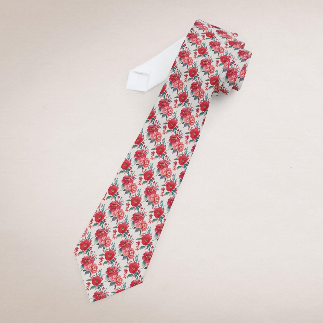 Romantic Floral Tie, Vintage Flowers Necktie, Red and Green Neck Tie ...